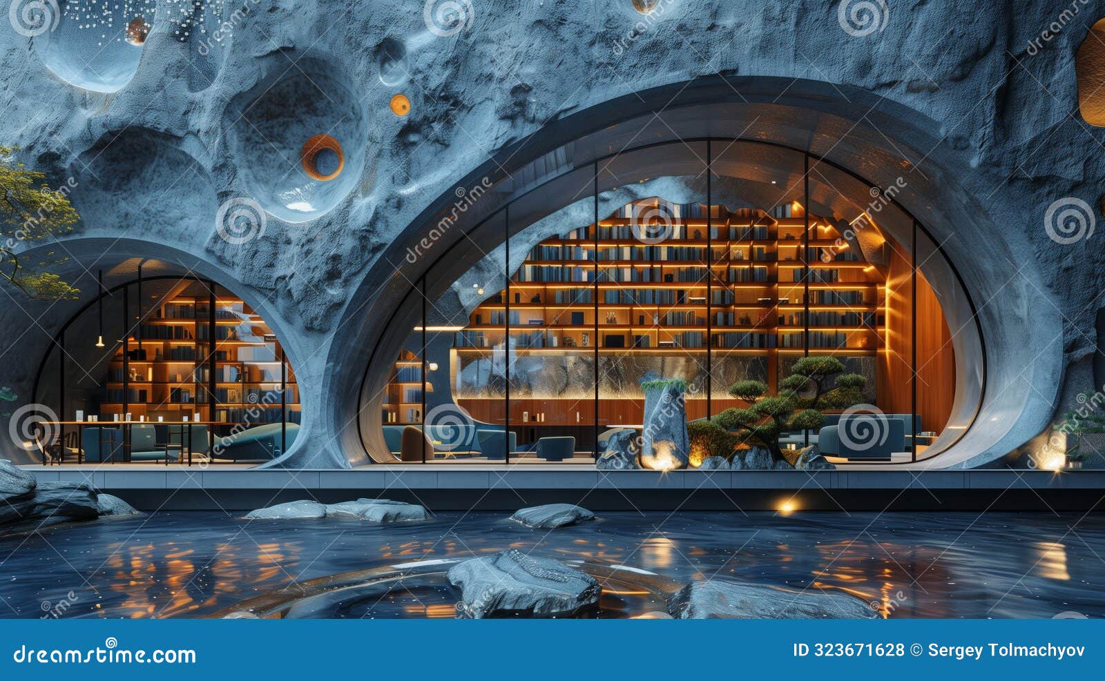 Modern Architectural Design Featuring a Curved Window and Library ...