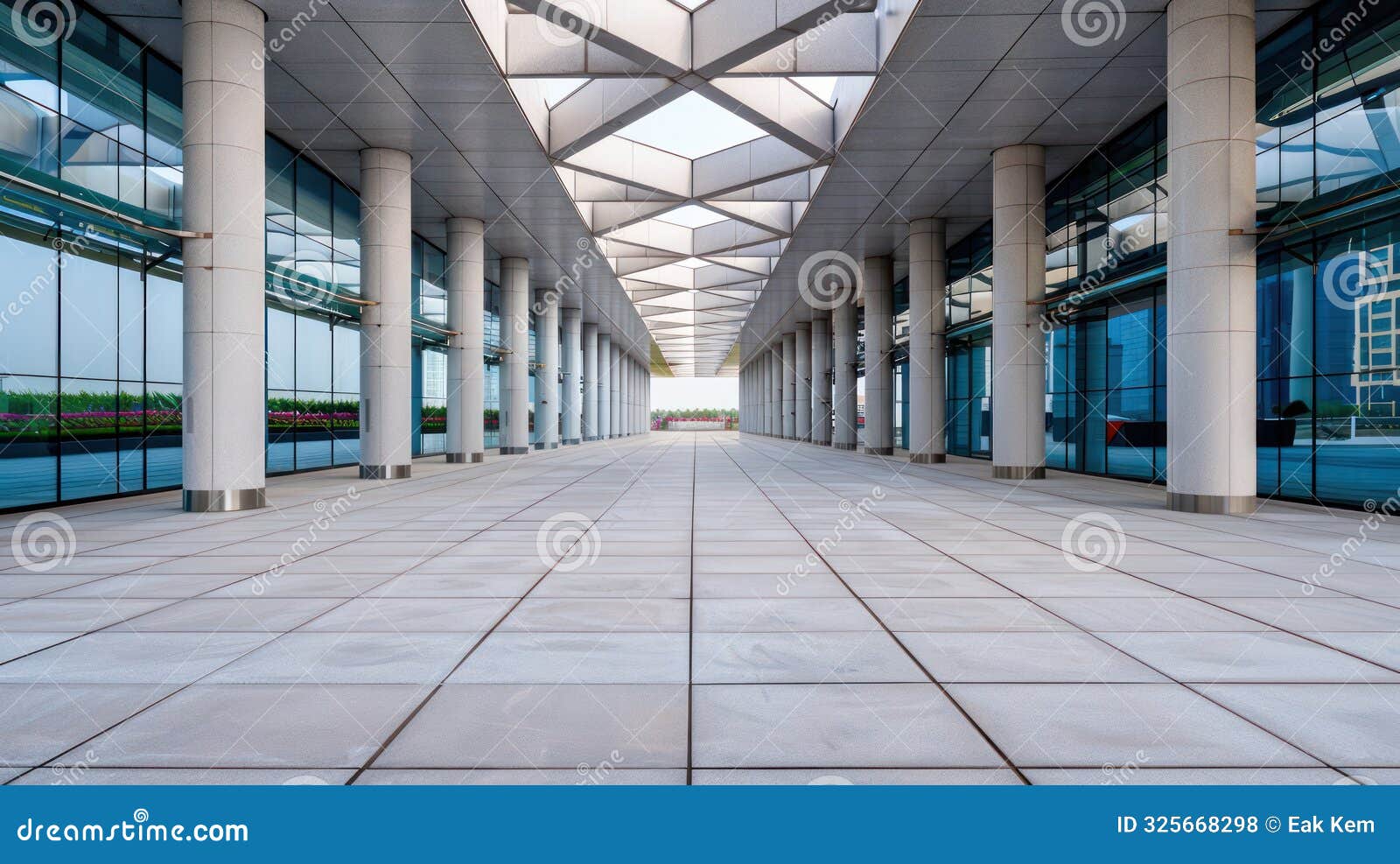 Modern Architectural Design with Glass Panels and Concrete Pillars, a ...