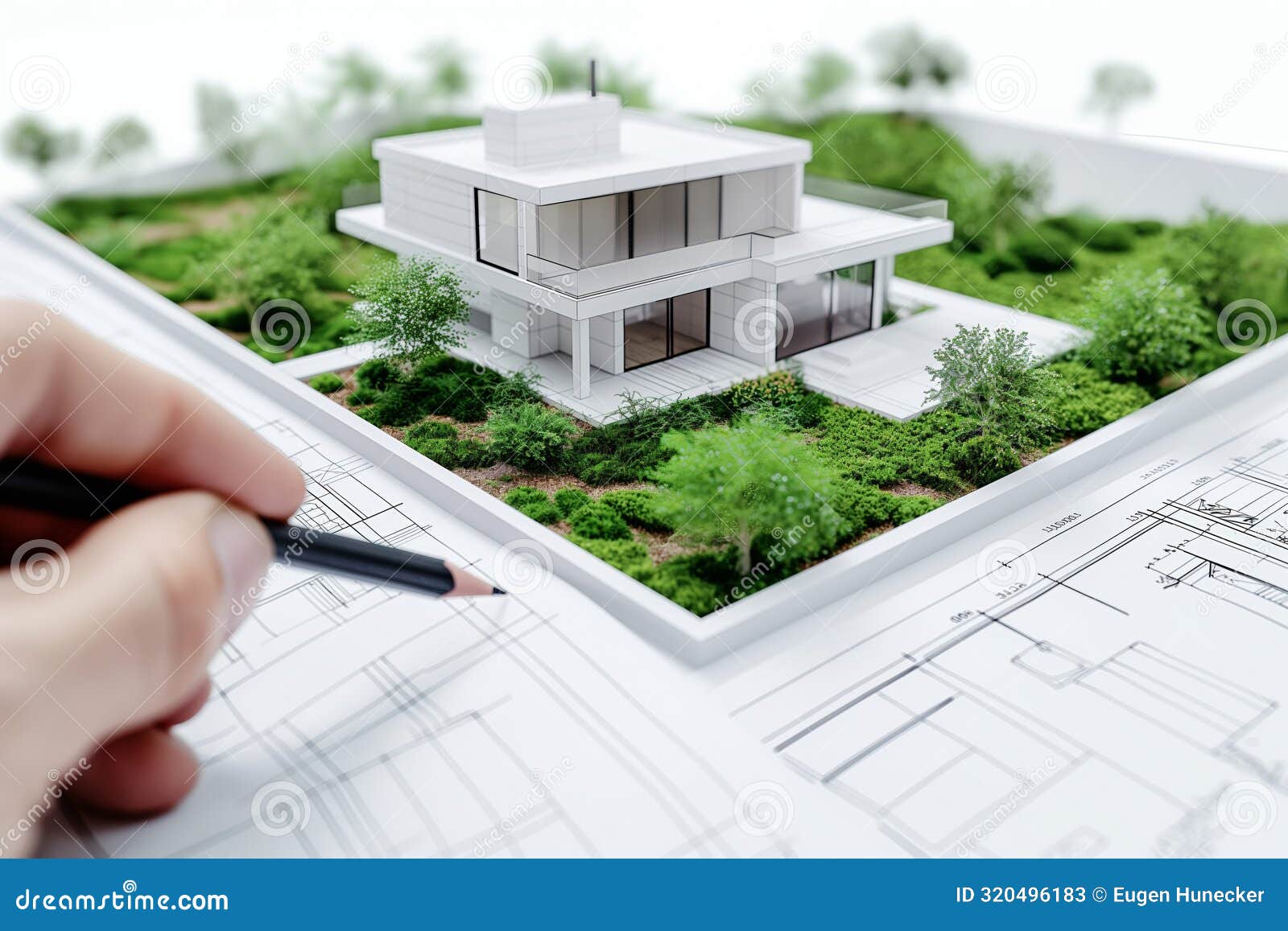 Modern Architectural Design with House Model, Blueprint, and Creative ...