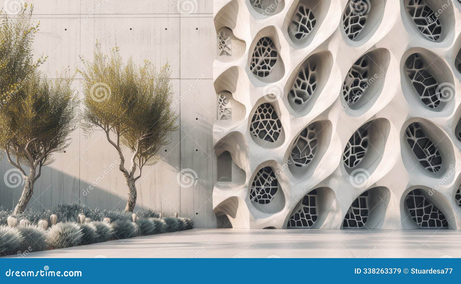 Modern Architectural Facade with Perforated Design and Trees Stock ...