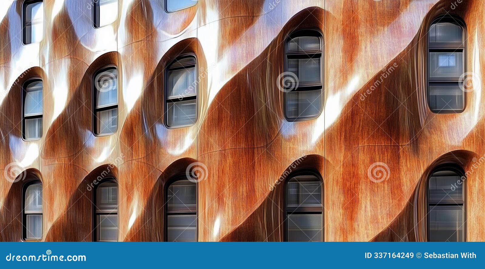 Modern Architectural Facade with Wavy Wooden Patterns and Windows ...
