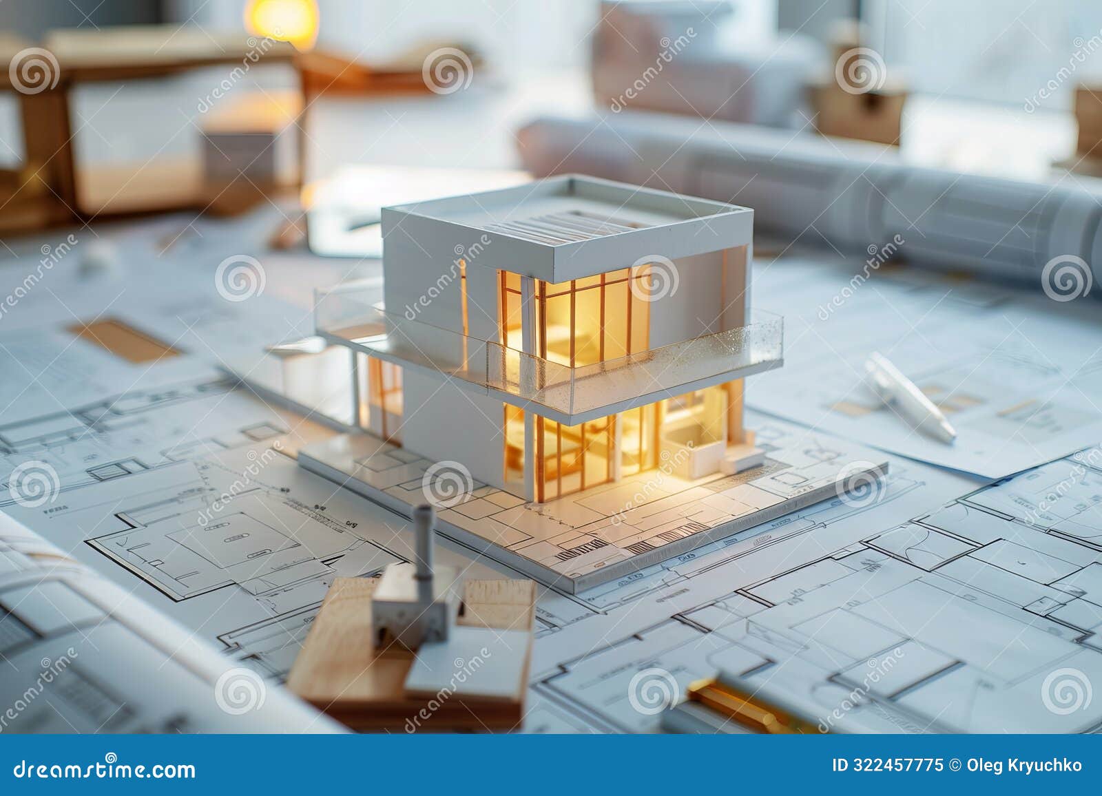 Modern Architectural House Model on Design Blueprints. Illuminated ...