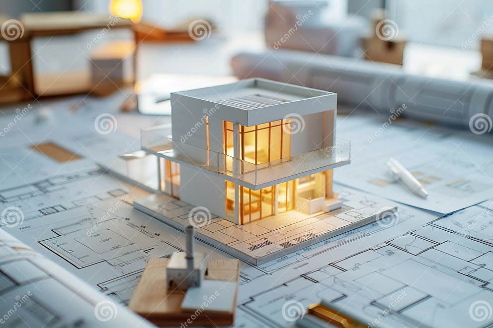 Modern Architectural House Model on Design Blueprints. Illuminated ...