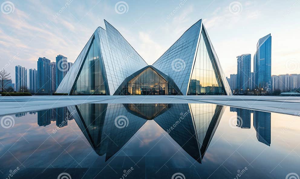 Modern Architectural Masterpiece with Reflective Water, Striking ...