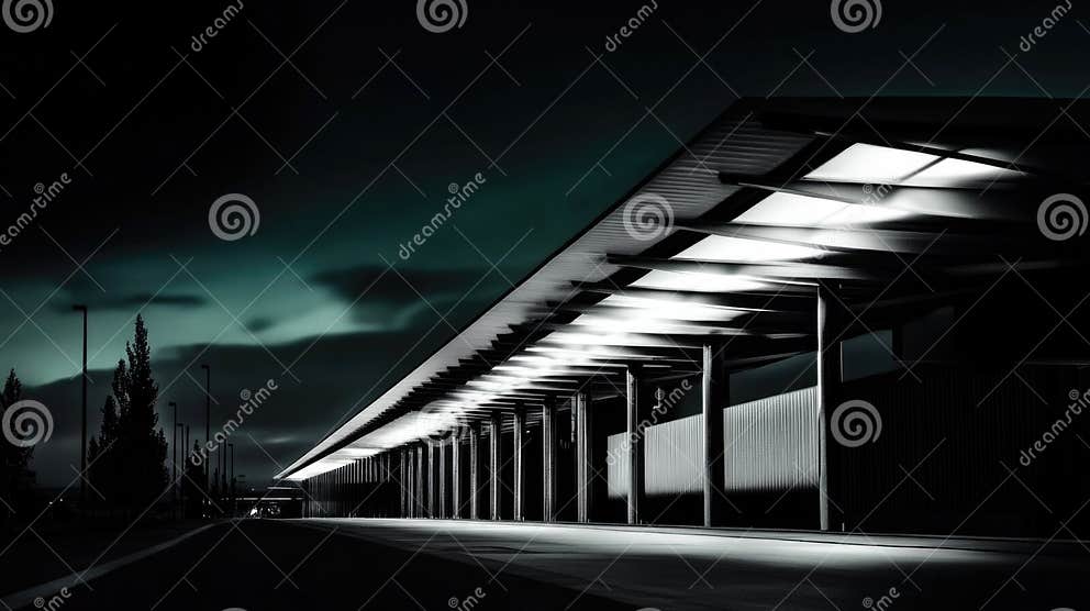 Modern Architectural Night Scene with Illuminated Building and Dramatic ...