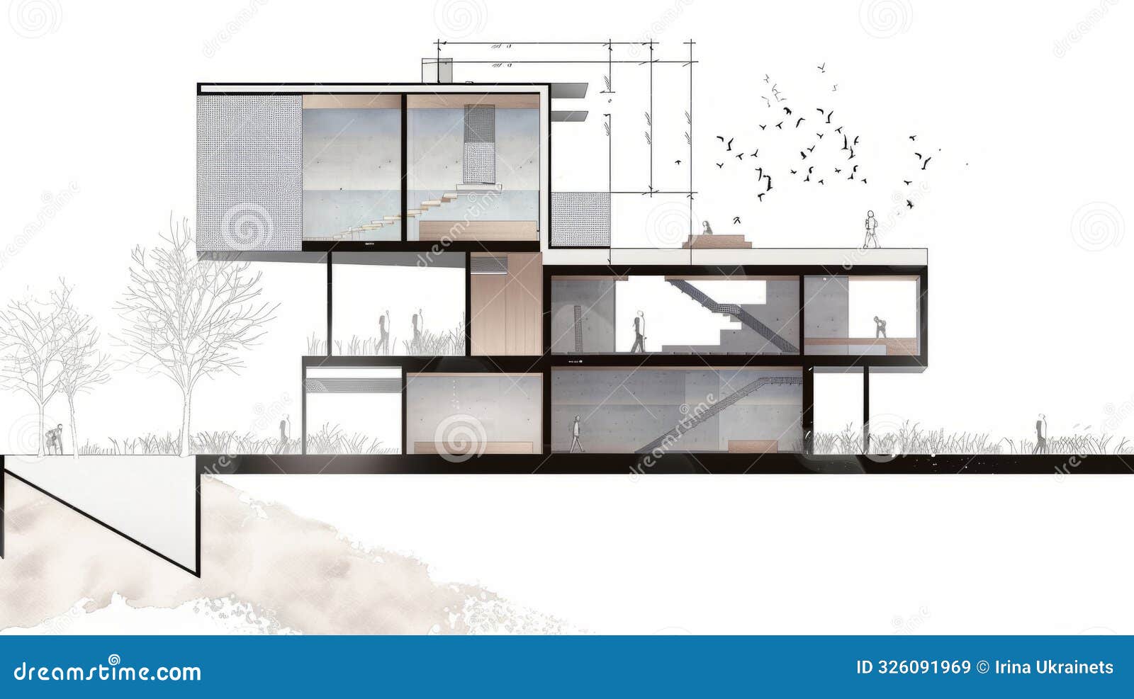 Modern Architectural Sectional Drawing of a Multi-level House with ...