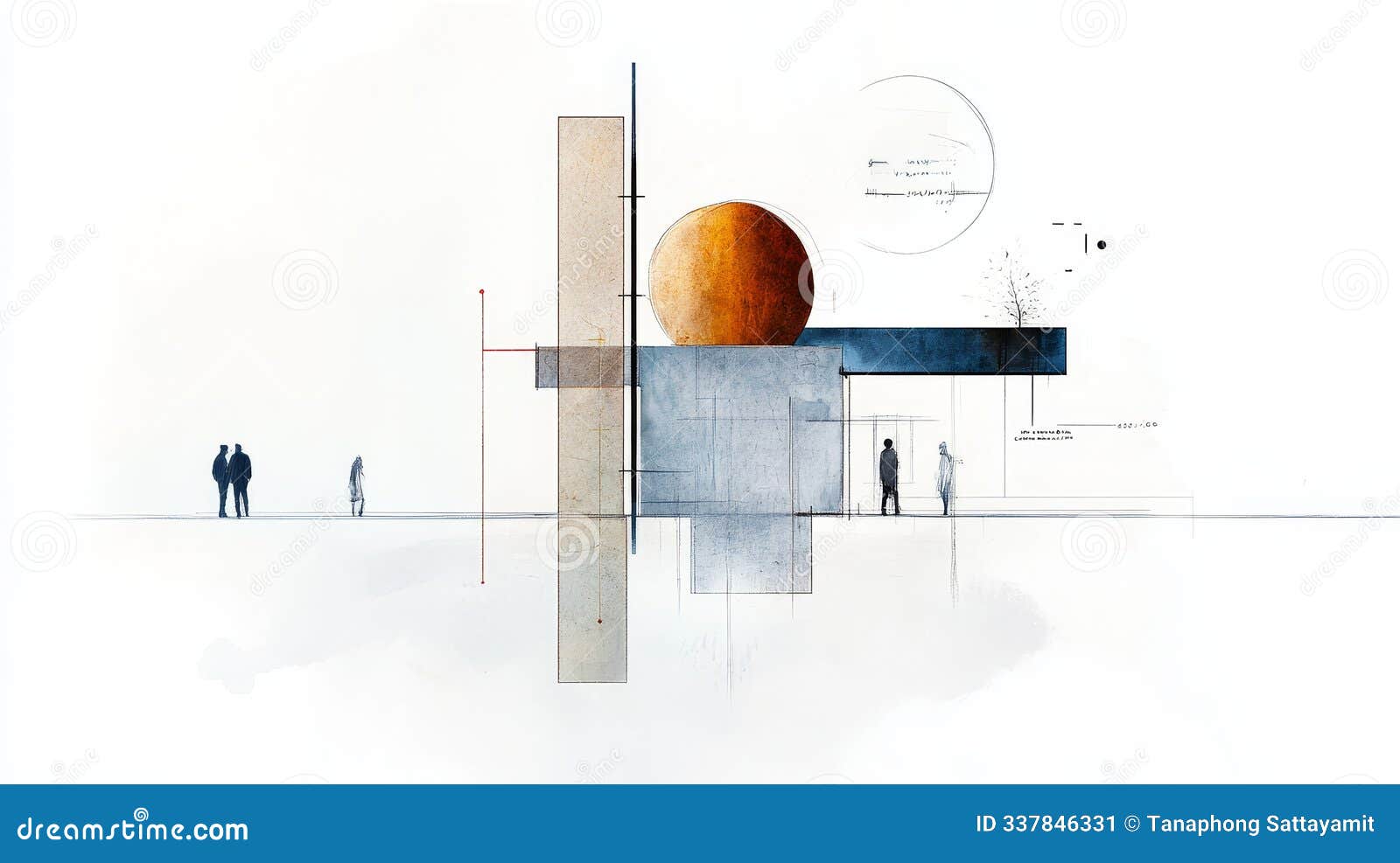 Modern Architectural Sketch with Geometric Shapes a Sphere a Tree and ...