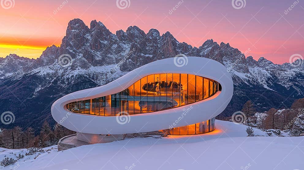 Modern Architectural Structure Amidst Snowy Mountains at Sunset Stock ...
