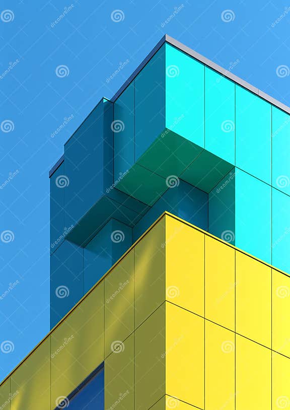 Modern Architectural Structure with Bold Yellow and Blue Geometric Patterns on Clear Day Stock ...