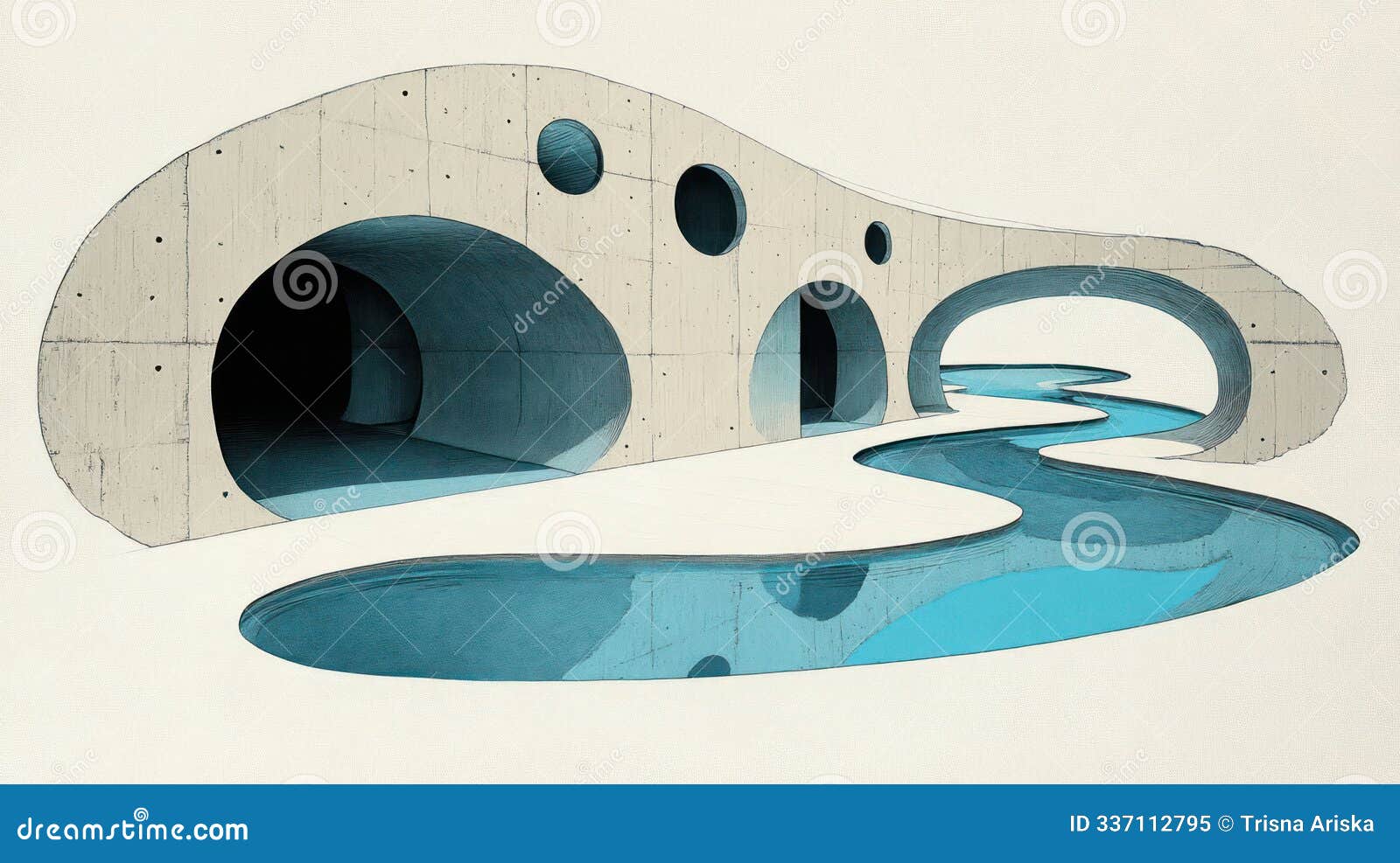 A Modern Architectural Structure with Flowing Water and Circular ...