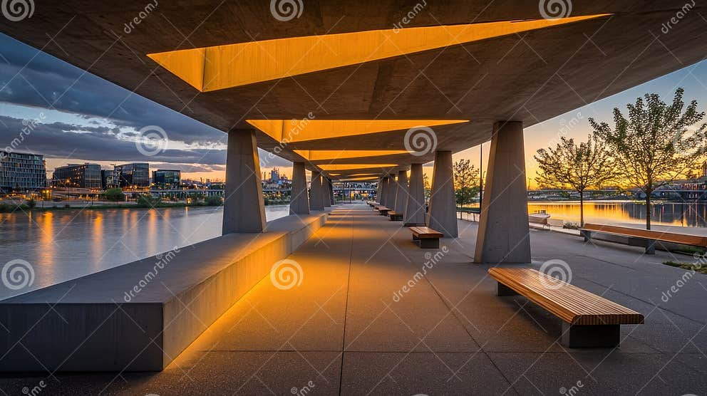 Modern Architectural Structure with Illuminated Benches Along a ...