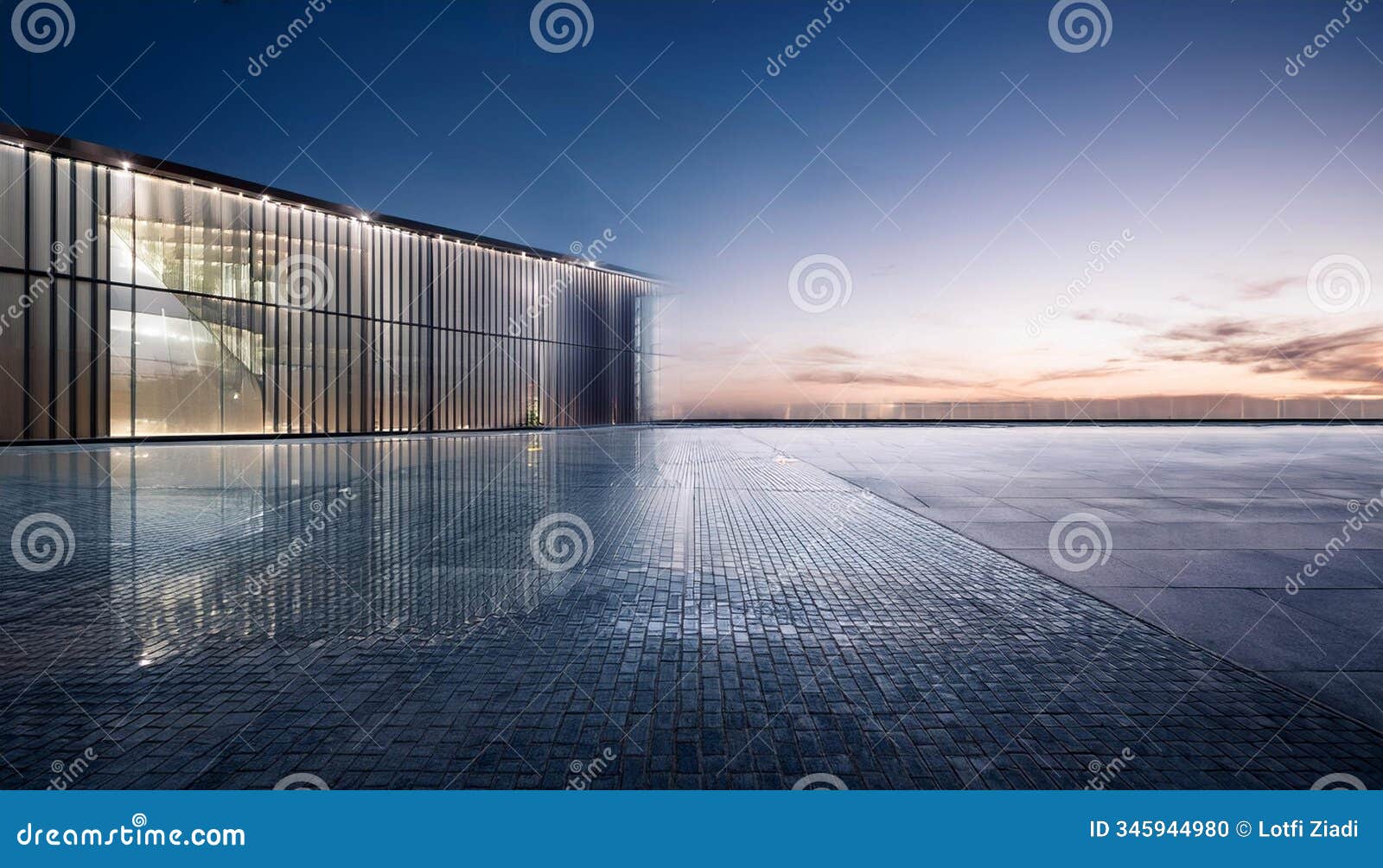 Modern Architectural Wall with Reflective Floor at Dusk. 3D Rendering ...