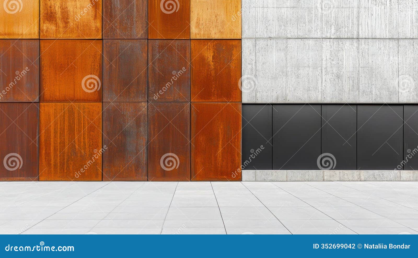 Modern Architectural Wall with Rusty Metal Panels and Concrete Contrast ...