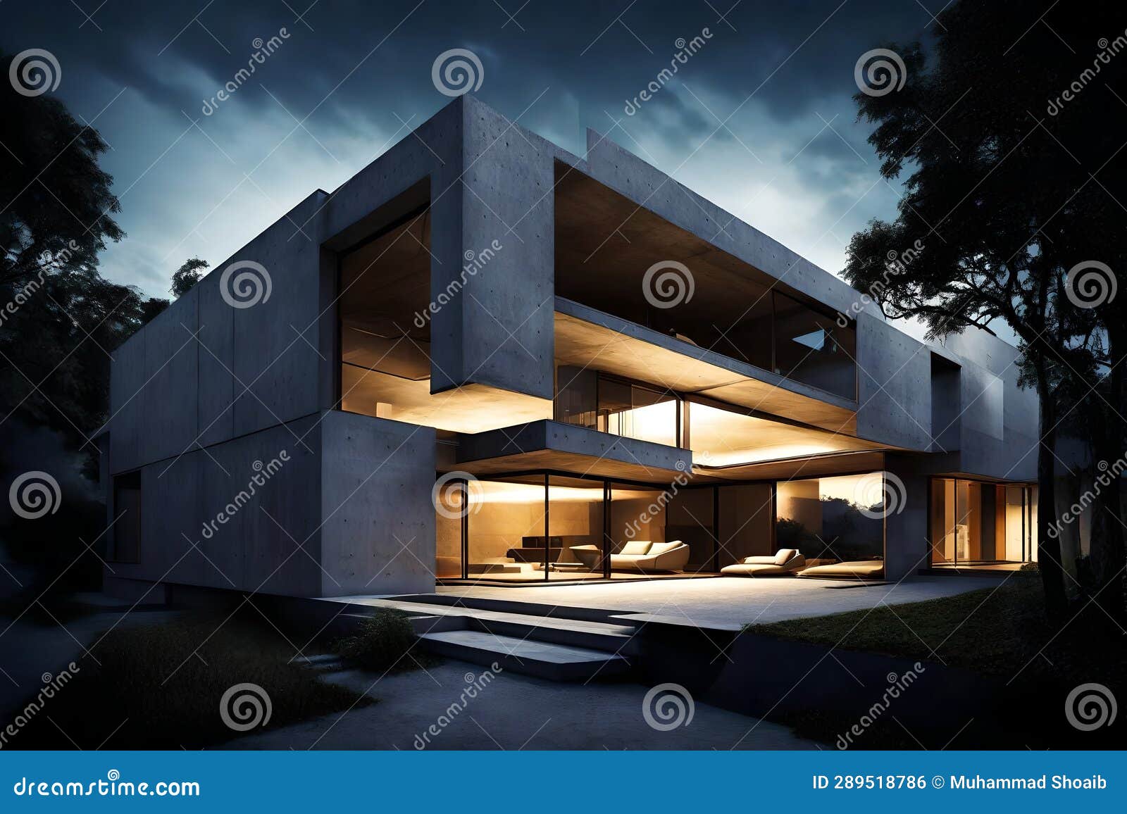 Modern Architecture, a Concrete Home, and a Nighttime Setting Stock ...
