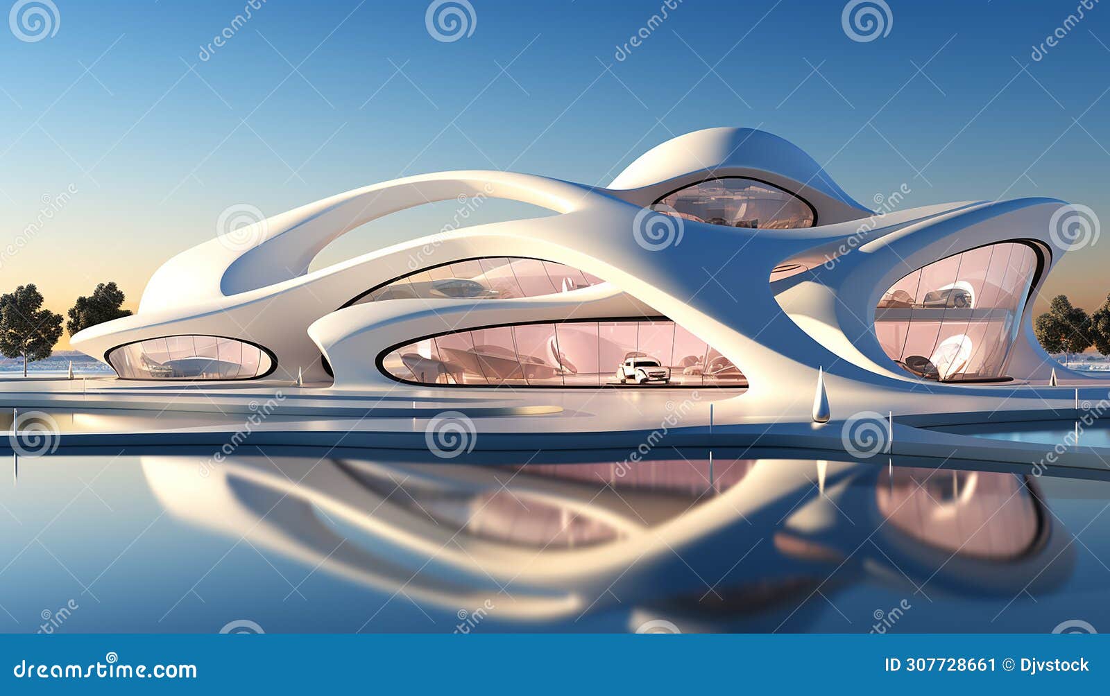 Modern Architecture Design Reflects in the Blue Water of the Futuristic ...