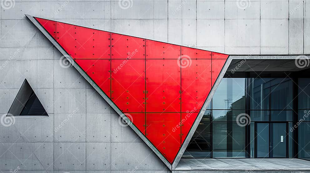 Modern Architecture Featuring Red Triangular Panel on Concrete Wall ...