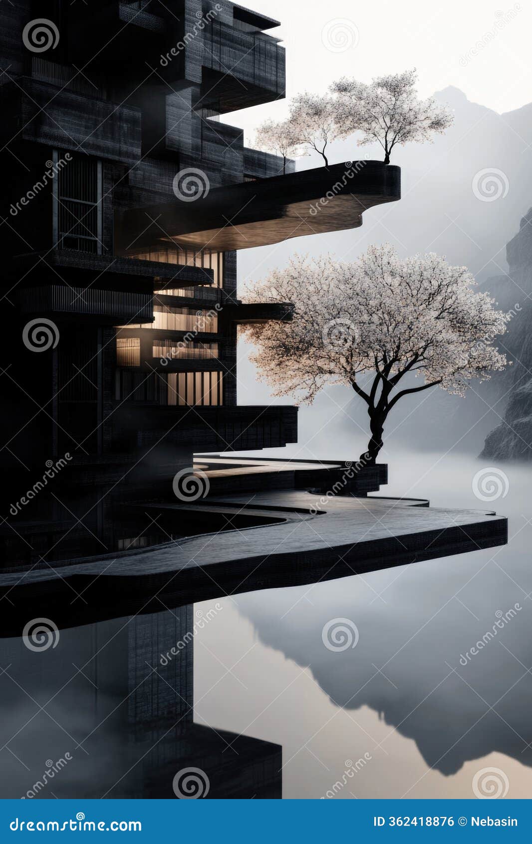 Modern Architecture with Floating Trees Over Tranquil Water at Misty ...