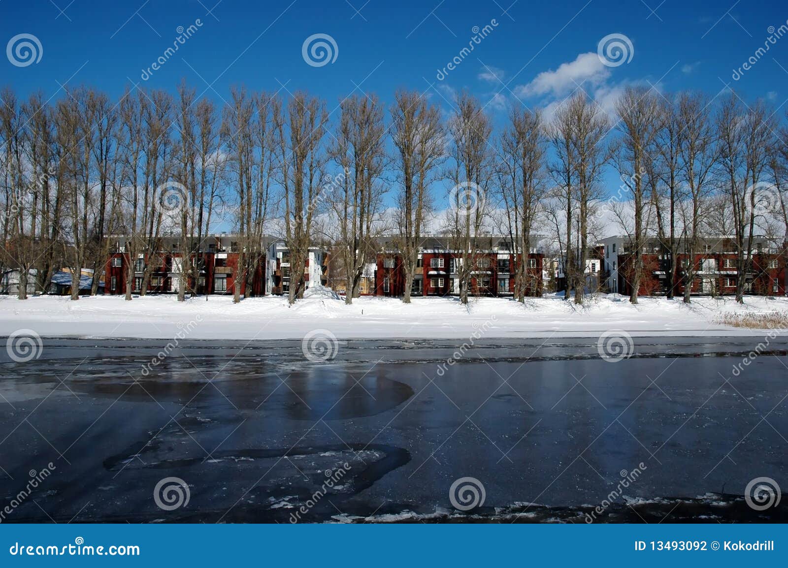 Modern Architecture at Frozen Riverside in Winter Stock Photo - Image ...