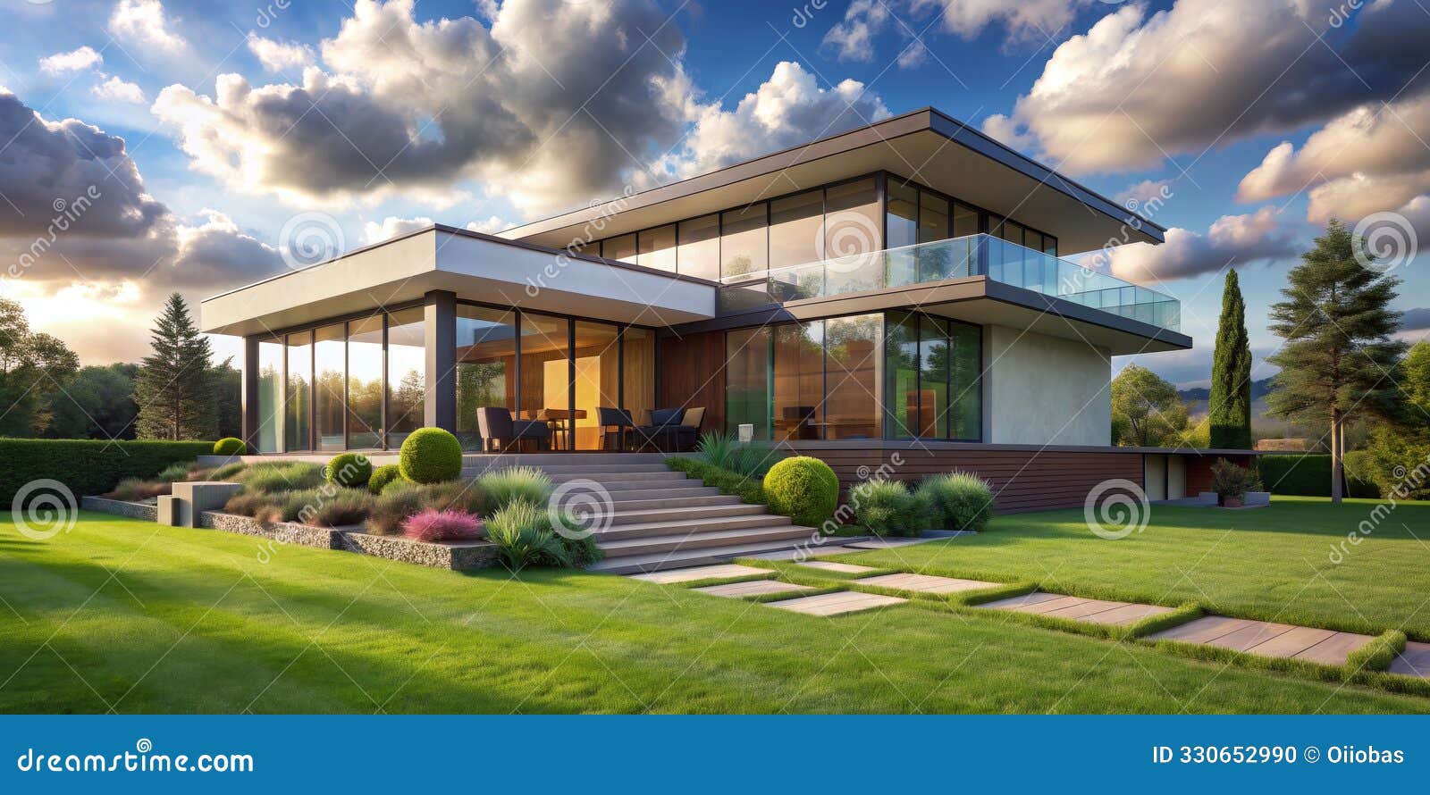 Modern Architecture with Sunlit Sky, 3D Rendering, Large Windows ...