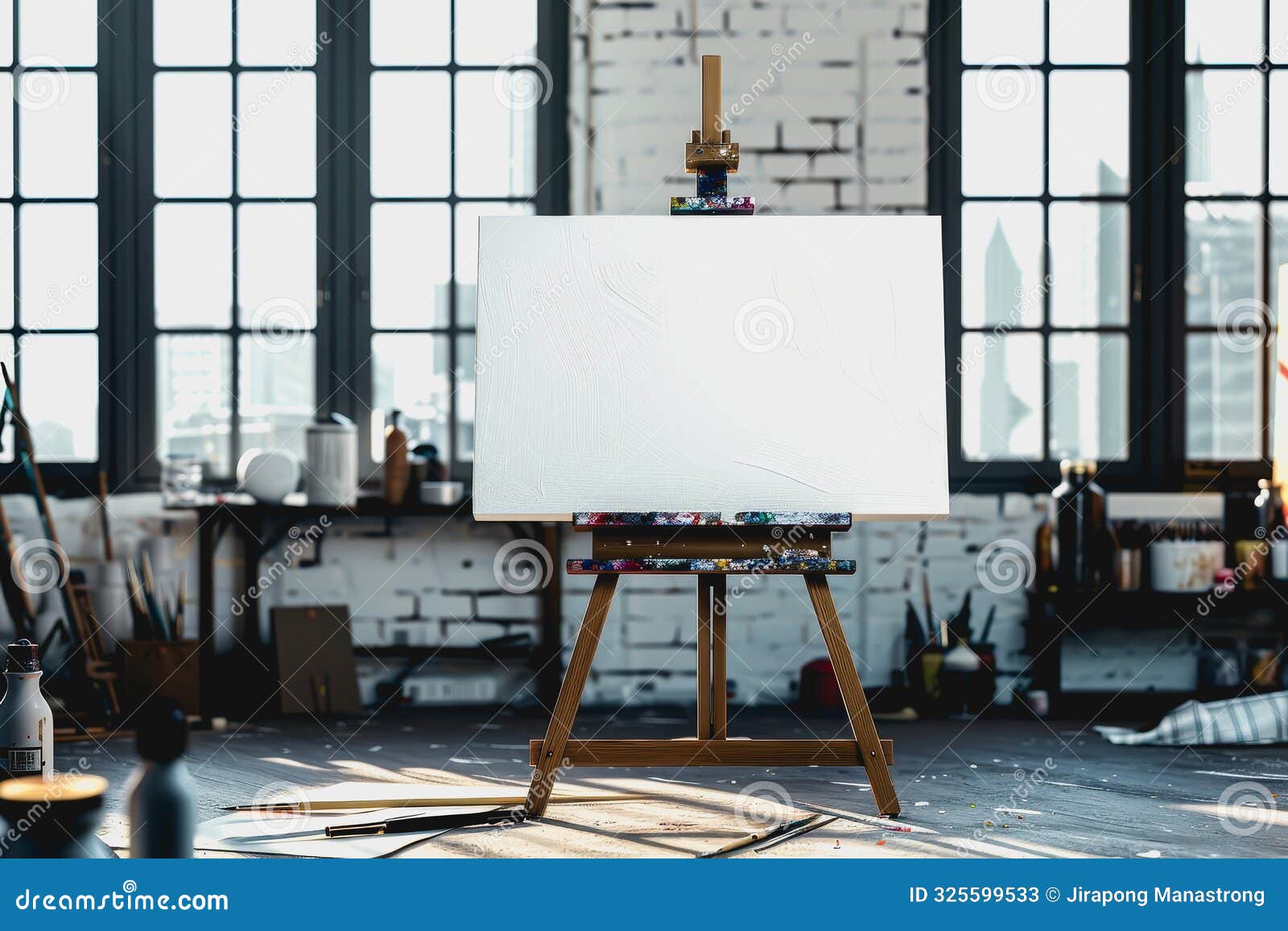 Modern Art Studio with Blank Canvas on Easel, White Brick Wall ...