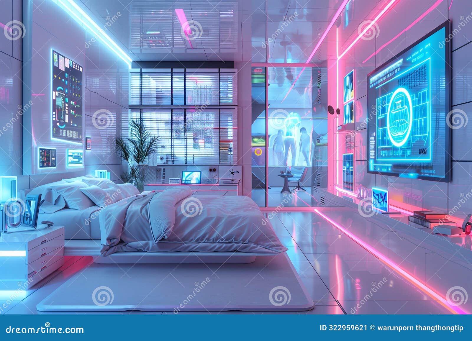 Modern Artificial Intelligence Bedroom Smart Home Featuring Various ...