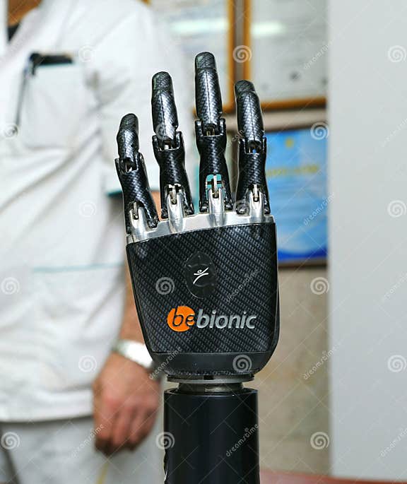 Modern Artificial Limb Bebionic Presented on Stand, Podiatrist in a ...