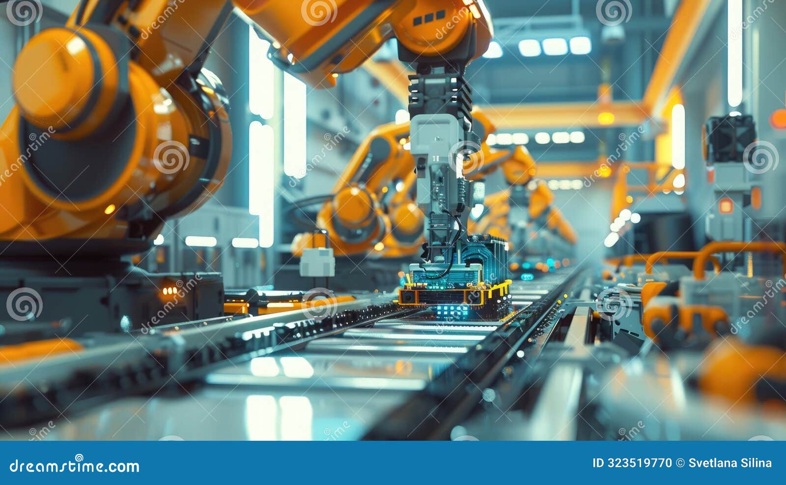 Modern Assembly Line with Robotic Arms and Automated Systems Producing ...
