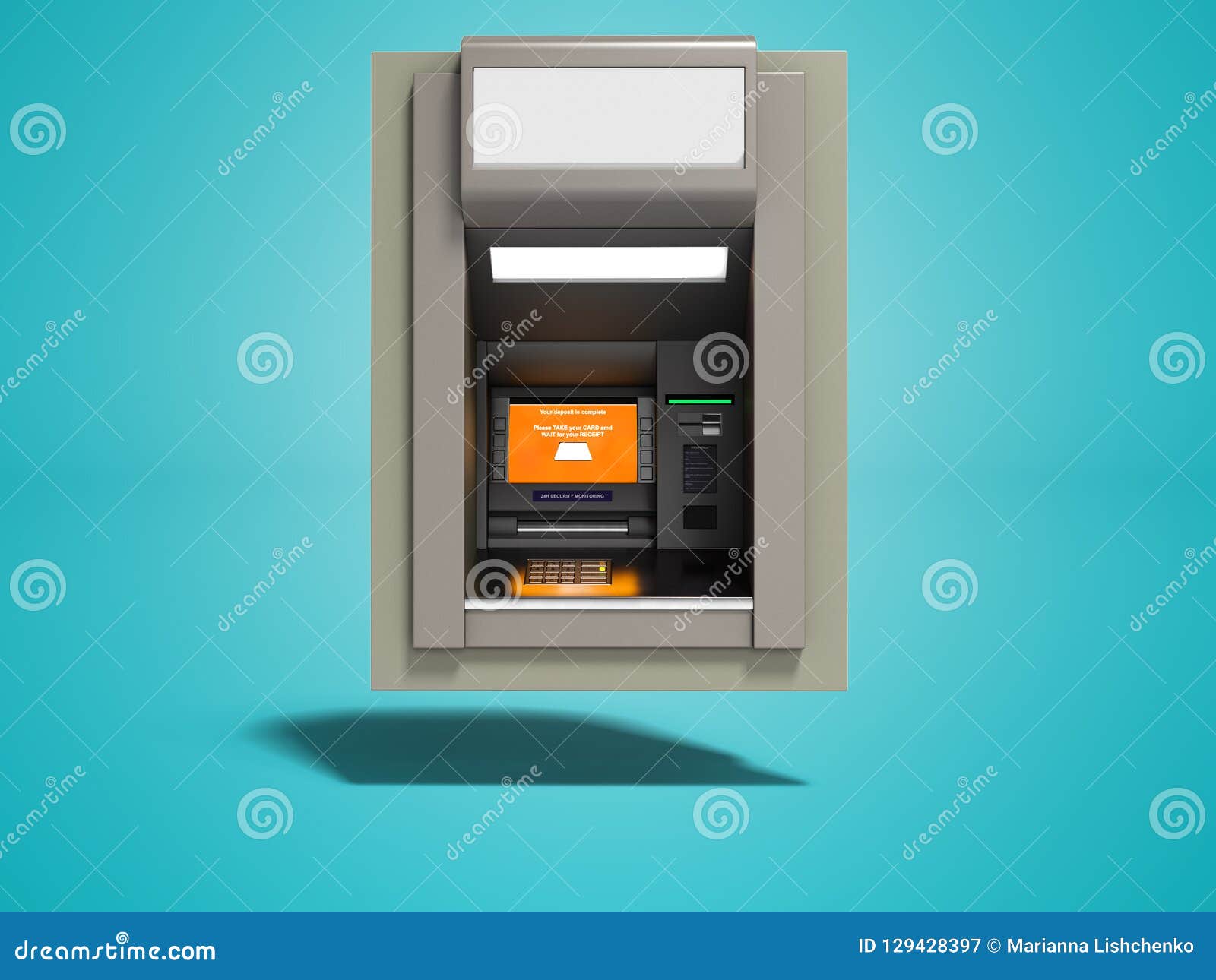 Modern ATM Included with Orange Screen 3d Render on Blue Background ...