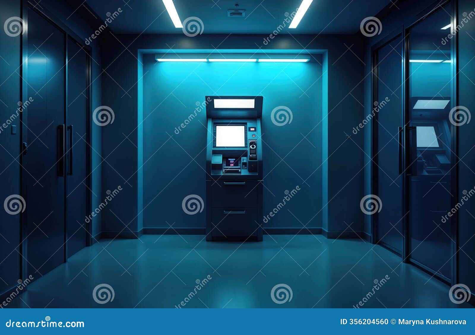 Modern ATM Machine in a Dark Blue Corridor. Secure Environment. Blue ...