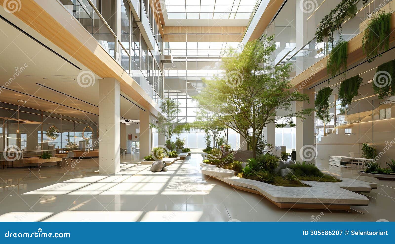 Modern Atrium With Wooden Ceiling And Lush Planters Inside Office ...