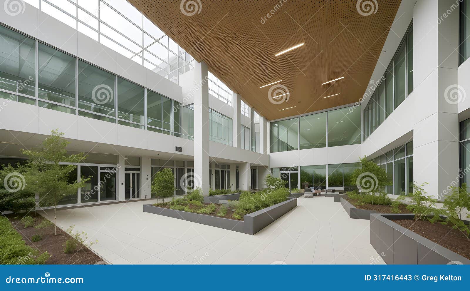 Modern Atrium with Wooden Ceiling and Lush Planters Inside Office ...
