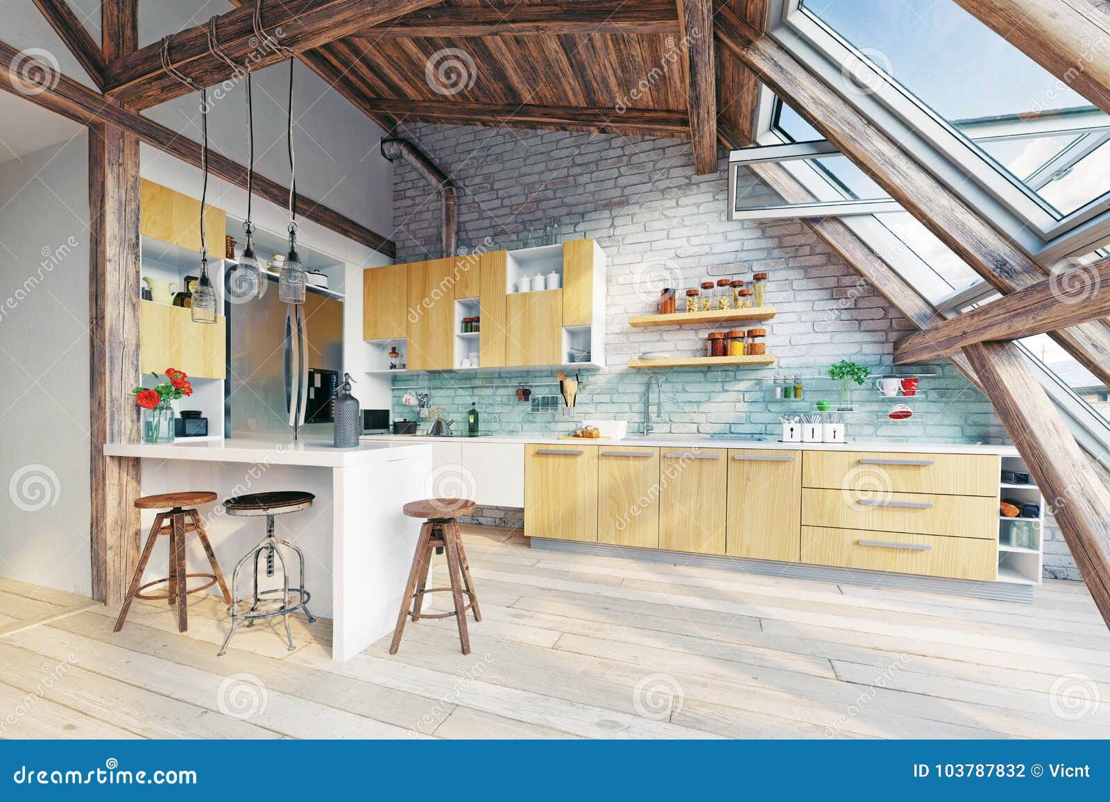 Modern Attic Kitchen Interior Stock Illustration - Illustration of ...