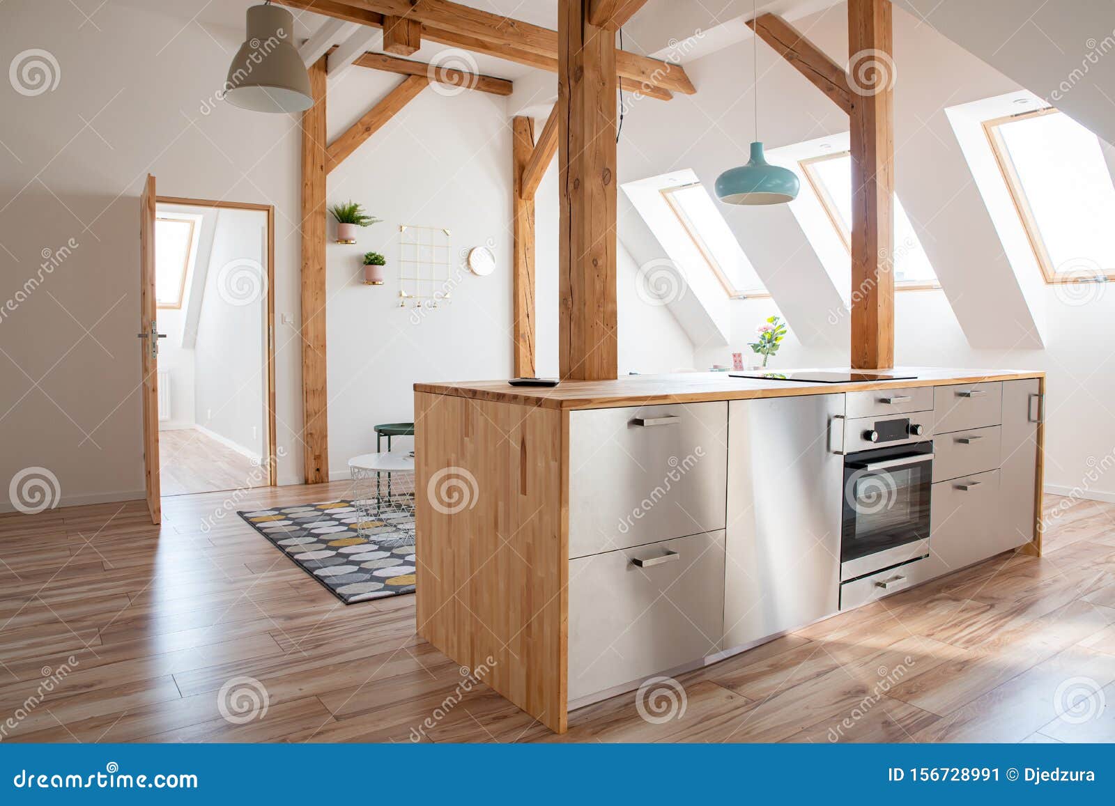Modern Attic White Bright Kitchen in the Loft Apartment Stock Image ...