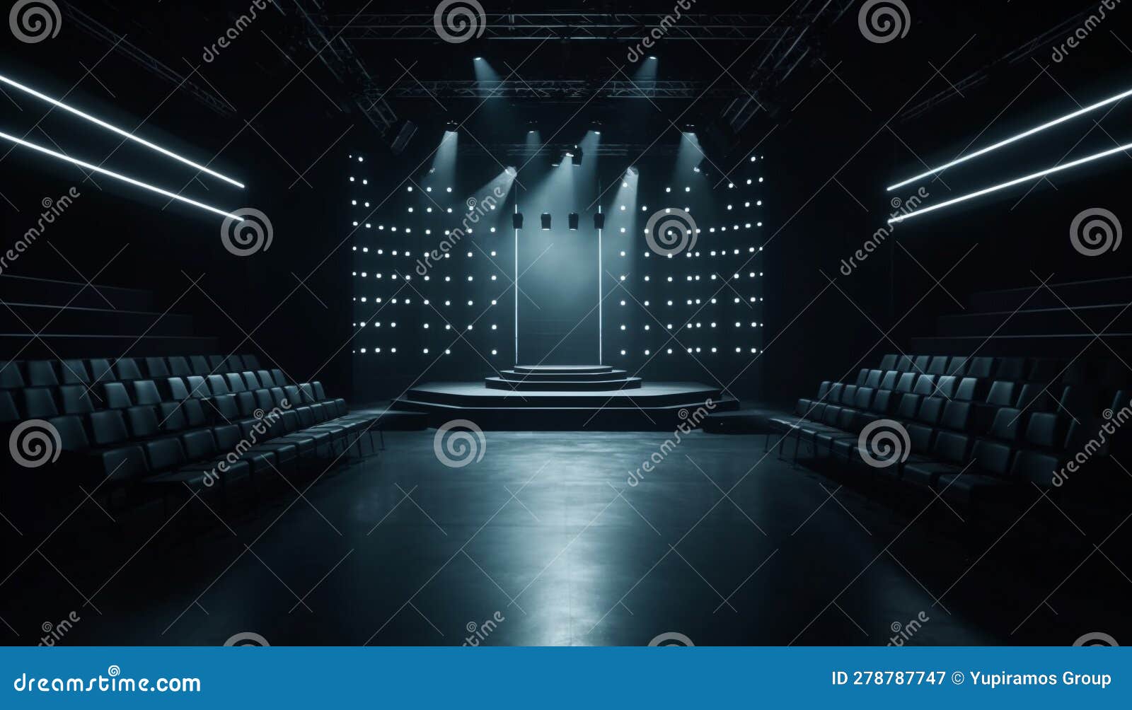 Modern Auditorium with Bright Blue Backdrop and Glowing Electric Lamps ...