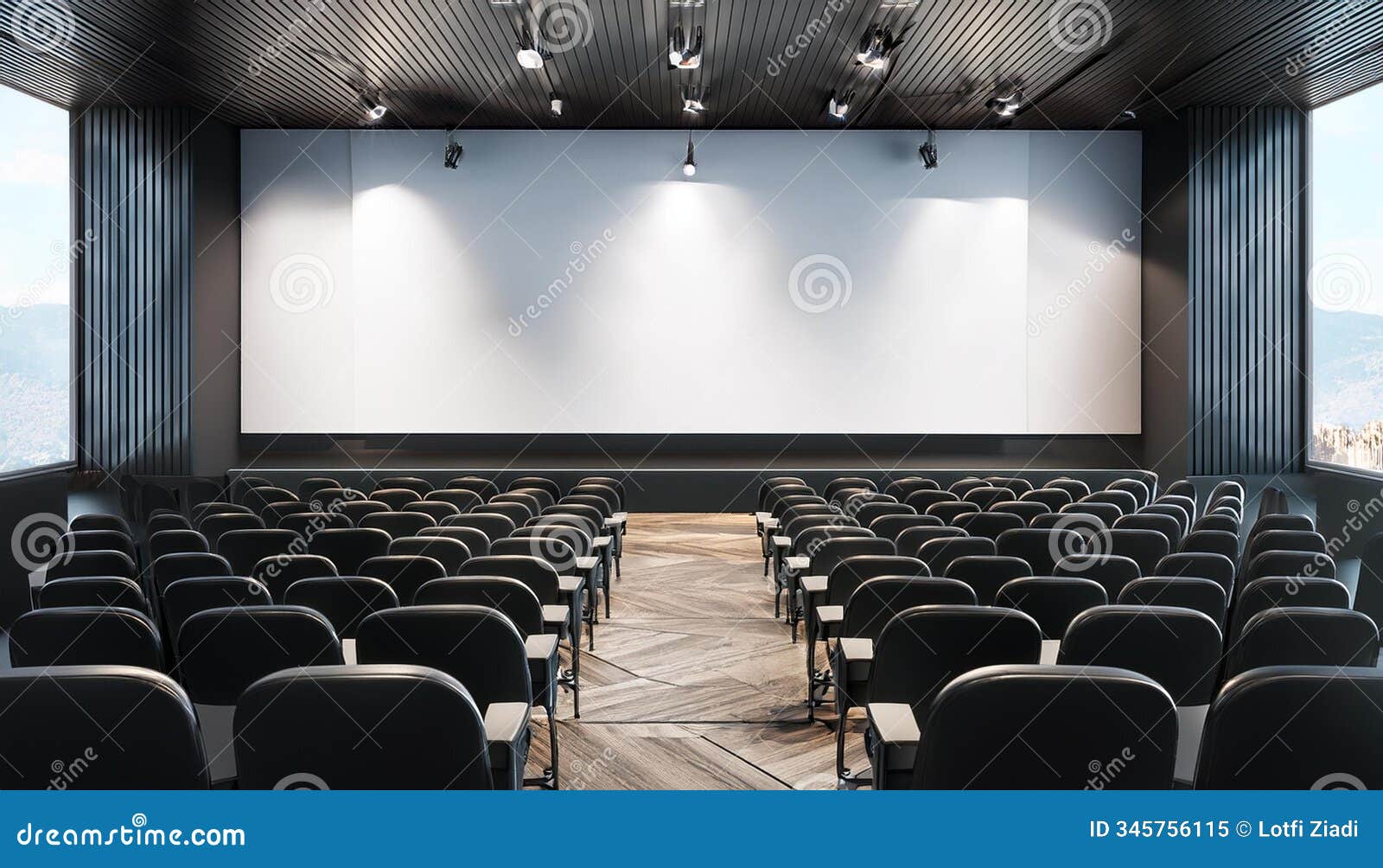 Modern Auditorium Interior with Blank Posters and Black Chairs. 3D ...