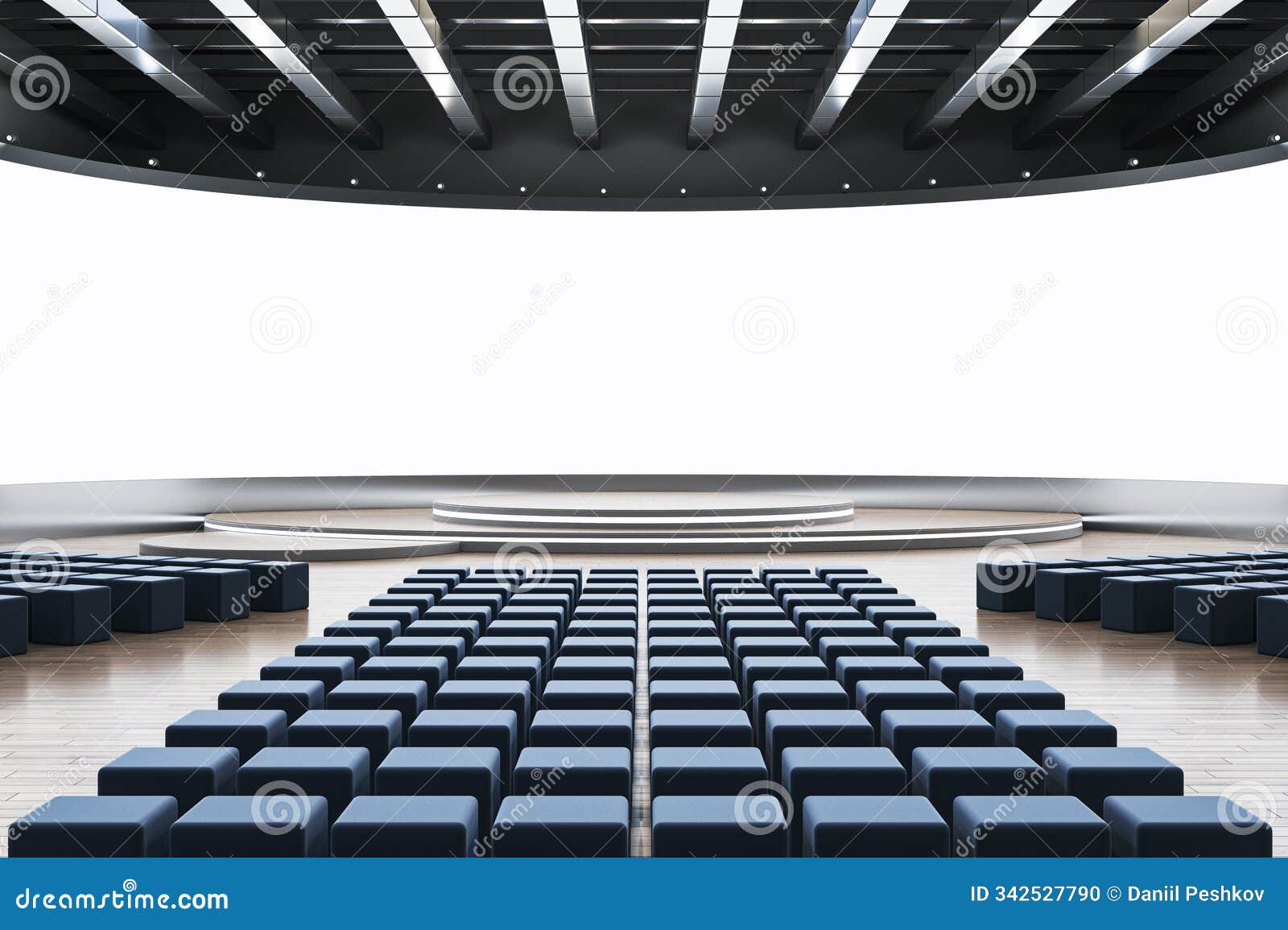 Modern Auditorium Interior with Blue Seats and Large Stage in Front of ...