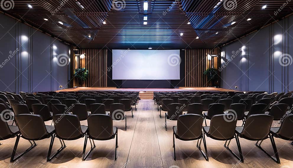 Modern Auditorium with Large Display Screen and Black Chairs. 3D ...