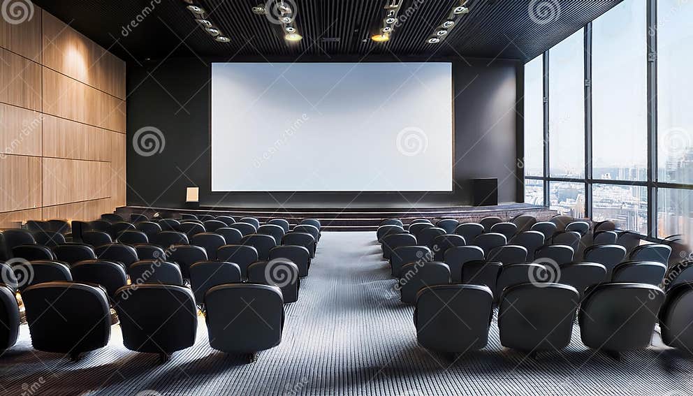 Modern Auditorium with Large Display Screen and Black Chairs. 3D ...