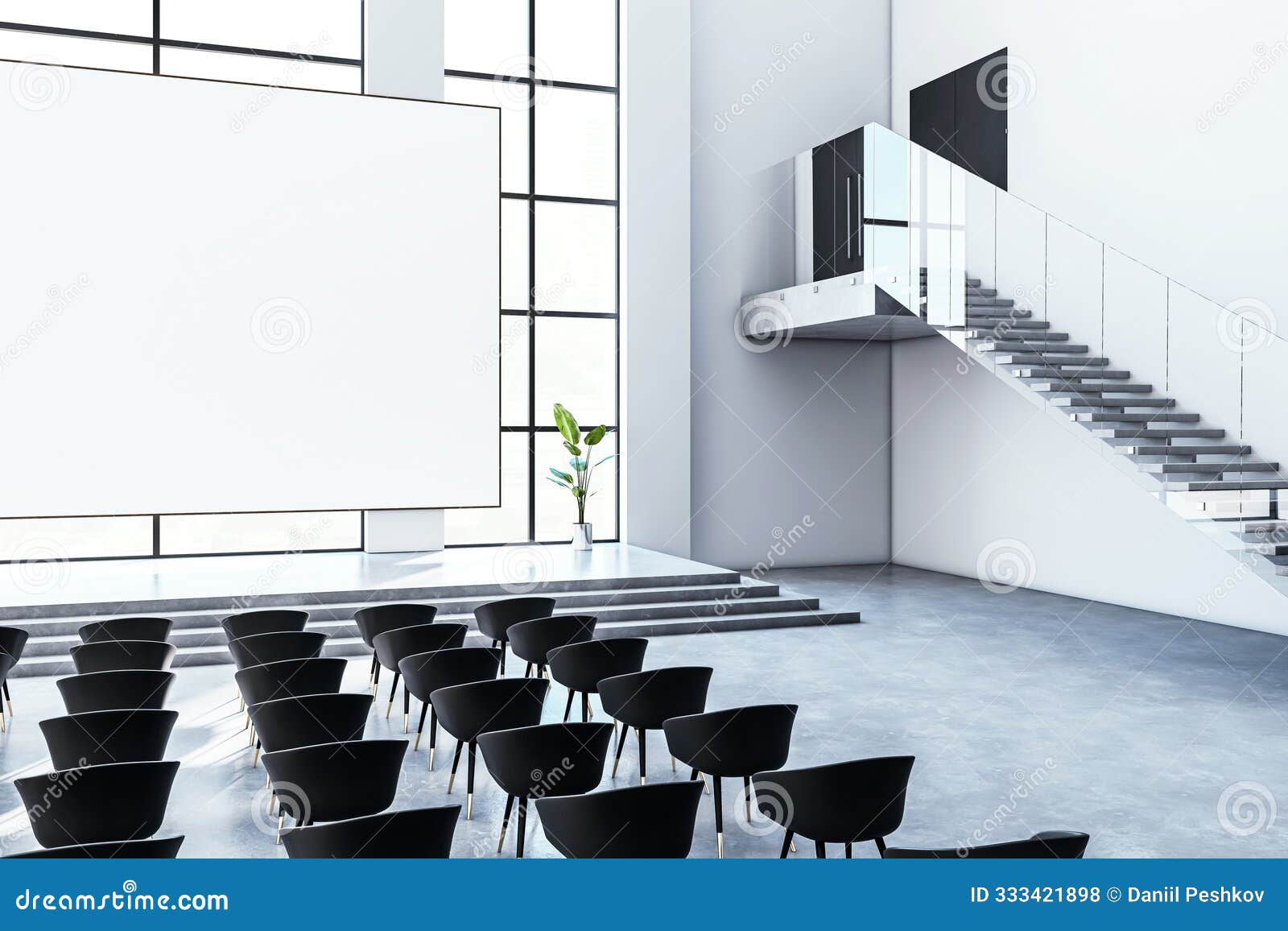 Modern Auditorium with Large Display Screen and Black Chairs. 3D ...