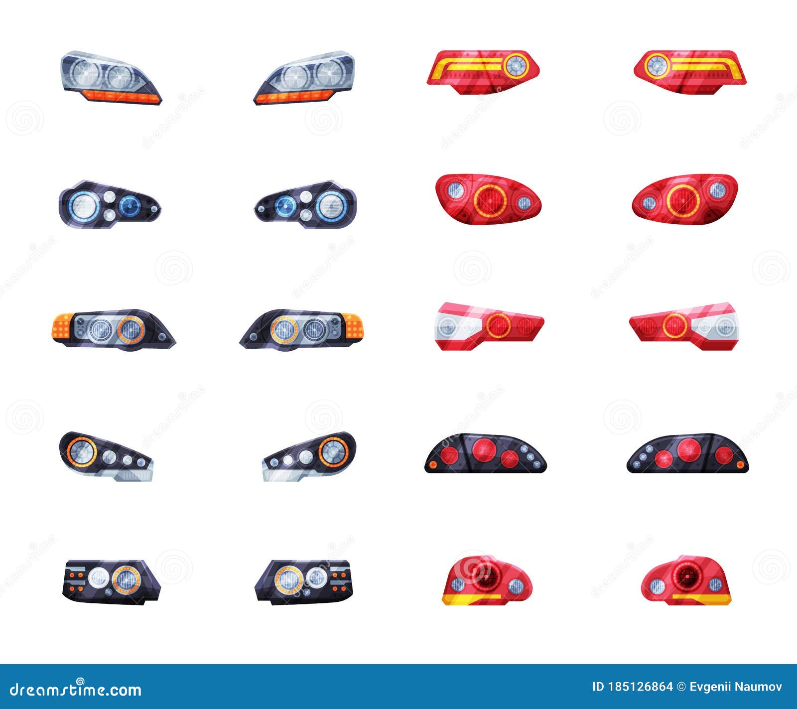 Red Car Headlight, Rare Brake Light Flat Style Vector Illustration On ...
