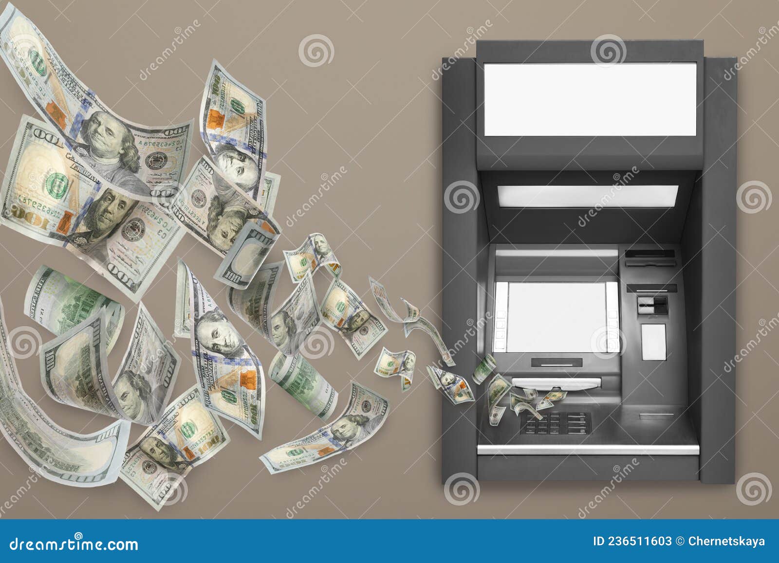 Modern Automated Cash Machine and Flying Money on Grey Background Stock ...