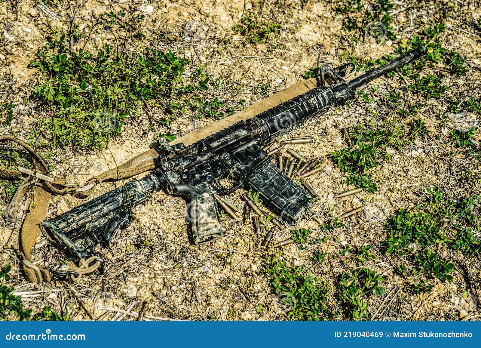 A Modern Automatic American Carbine Lying on the Ground in the Mud ...