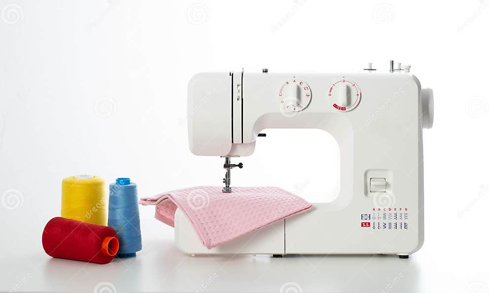 Modern Automatic White Sewing Machine with Pink Fabric and Multi ...
