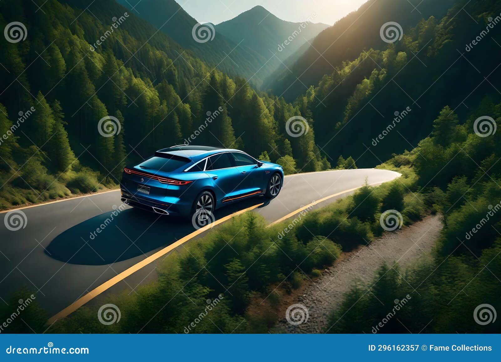 A Modern Autonomous Car Navigating a Mountain Road with a Backdrop of ...
