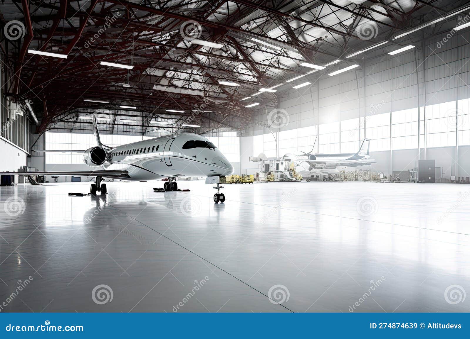 Modern Aviation Hangar with Sleek Aircraft and Technicians Working on ...