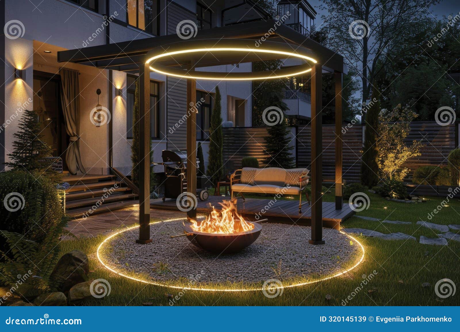 Modern Backyard Evening Scene with Illuminated Pergola and Fire Pit ...