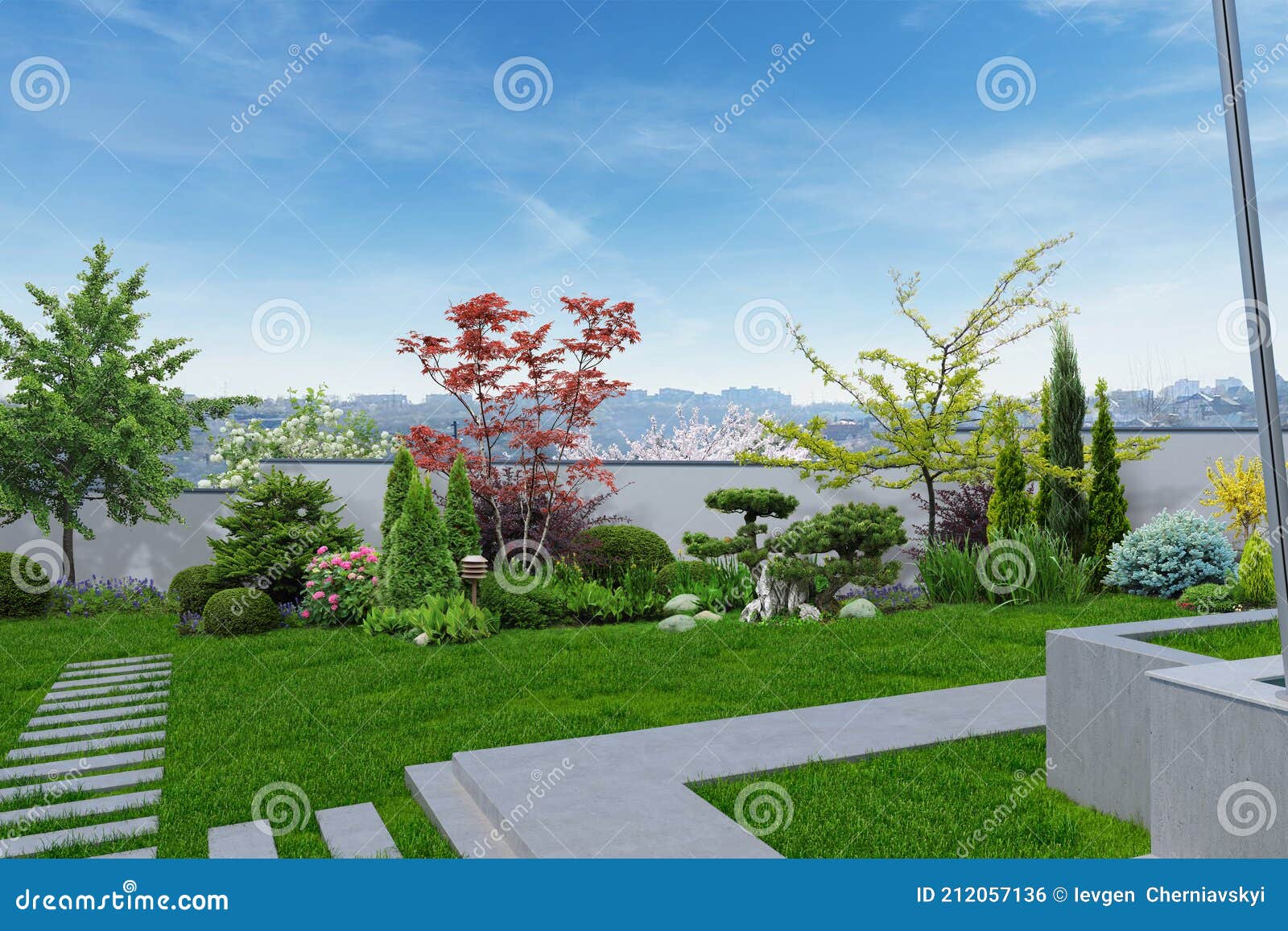 Modern Backyard with Oriental Inspired Background, 3D Rendering Stock ...