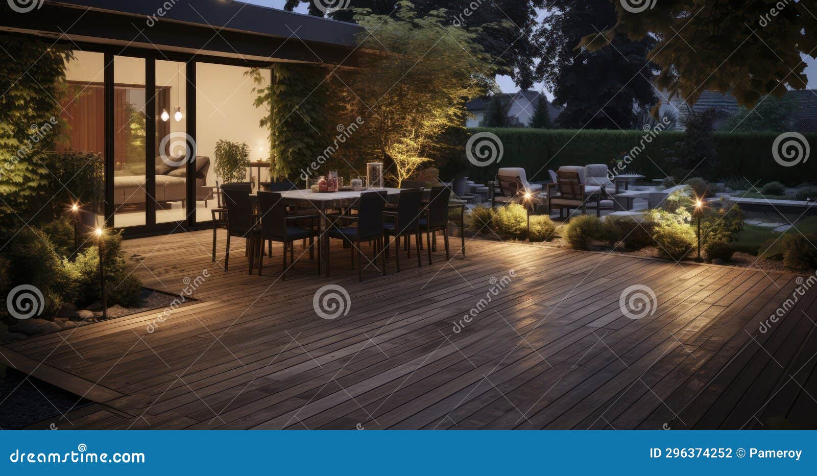 A Modern Backyard with a Wooden Patio at Night. Generative AI Stock ...