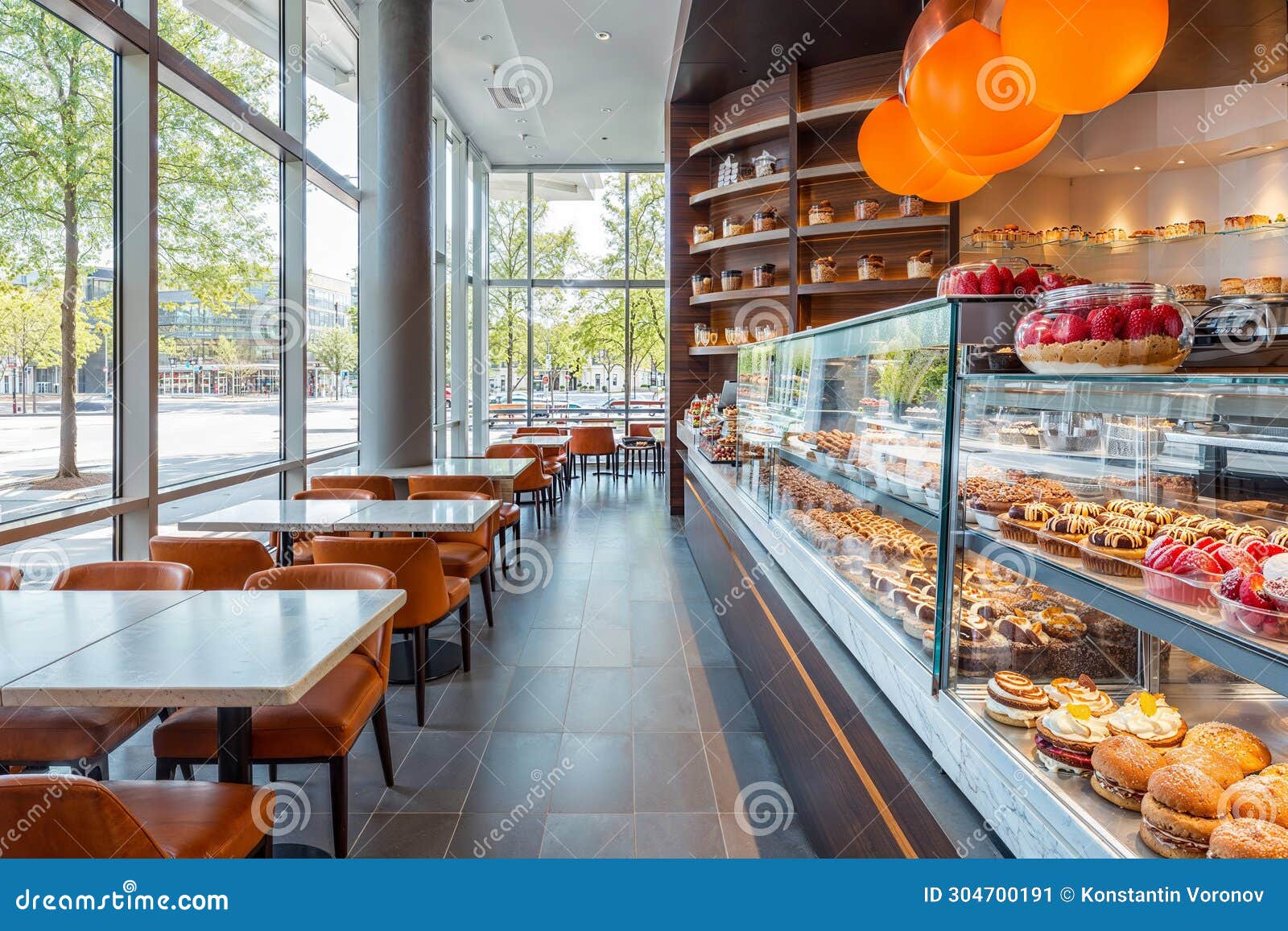 Modern Bakery Cafe Interior with Glass Pastry Display and Urban View ...