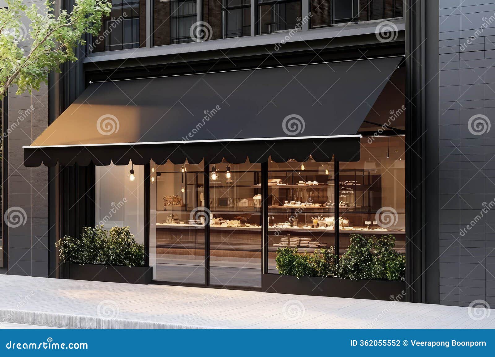 Modern Bakery Storefront with Black Awning and Glass Display Stock ...
